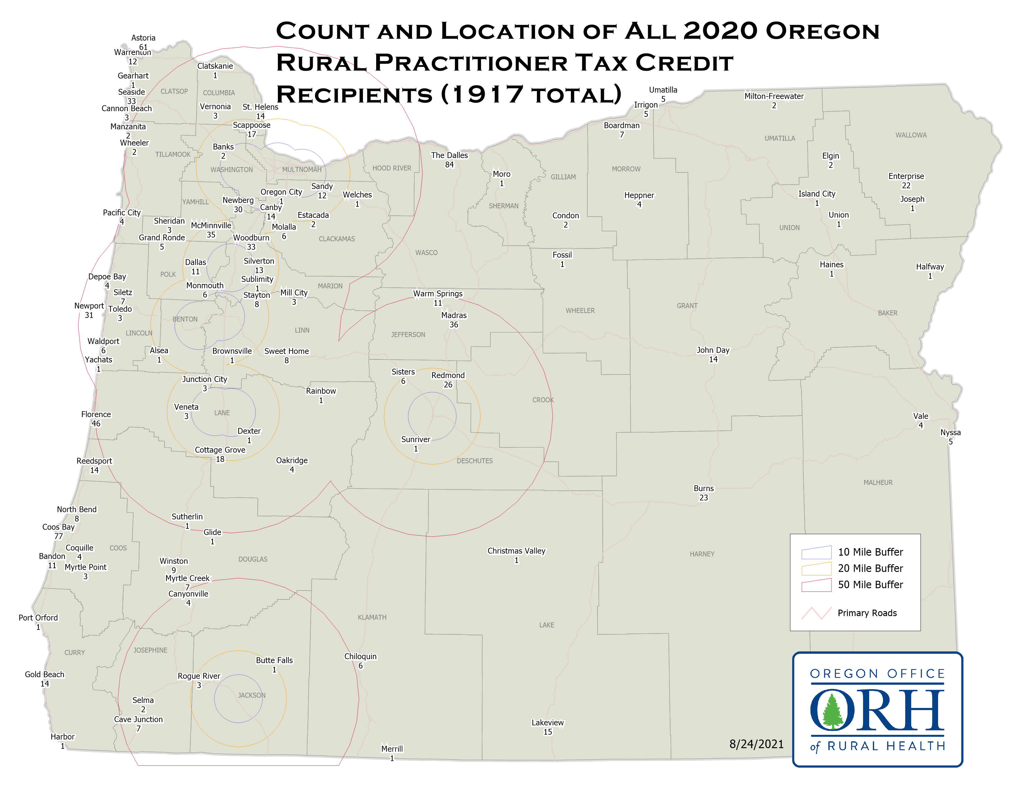 Rural Practitioner Tax Credit Recipients by Town 2020 Map | OHSU